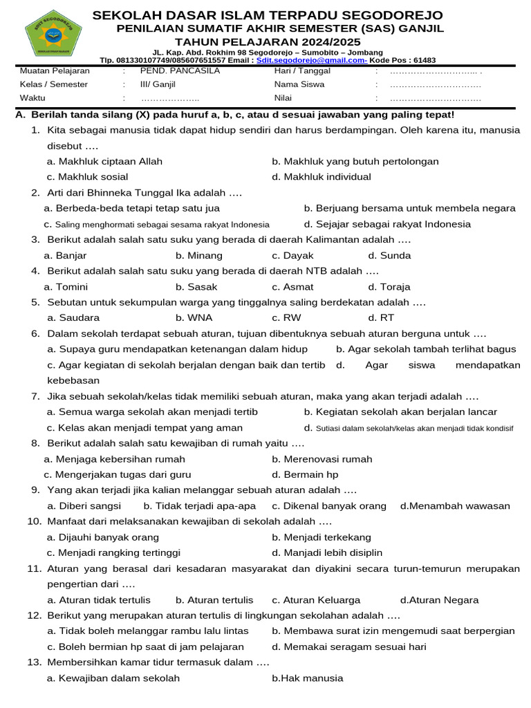 Soal Asas Ganjil Pend. Pancasila Kelas 3 | PDF