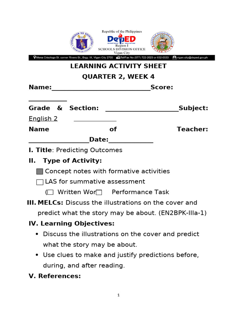 Predicting Outcomes in English 2 Activities | PDF