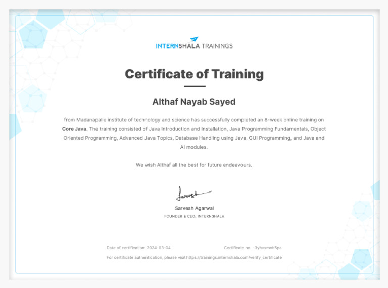 Core Java Training Completion Certificate | PDF