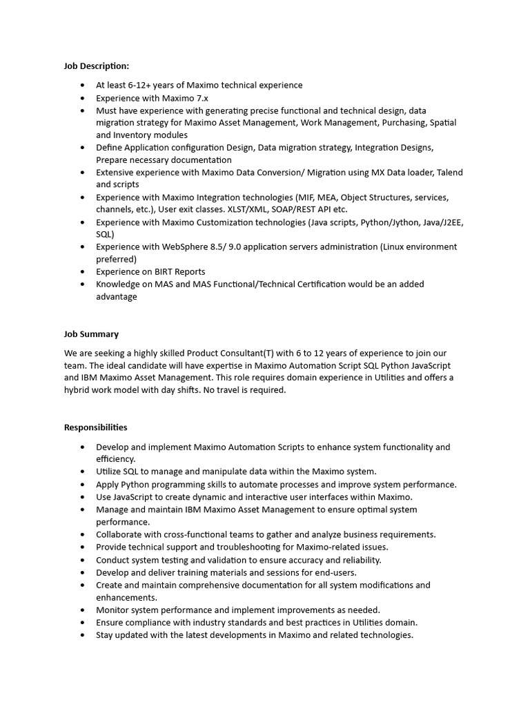 Maximo Product Consultant Job Description | PDF | Scripting Language | Sql