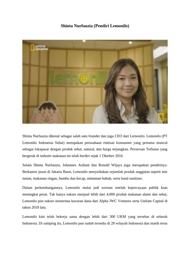 Shinta Nurfauzia: CEO Lemonilo dan Pejuang Gaya Hidup Sehat | PDF