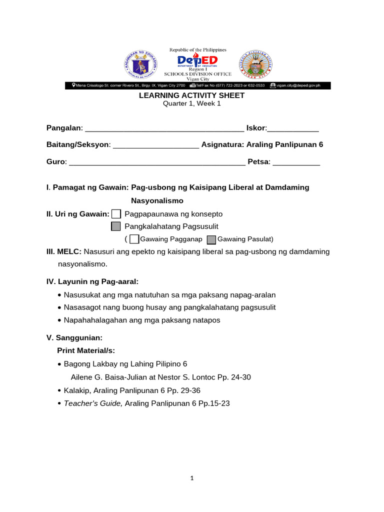 AP6-Q1-LAS-Week 1-SA | PDF