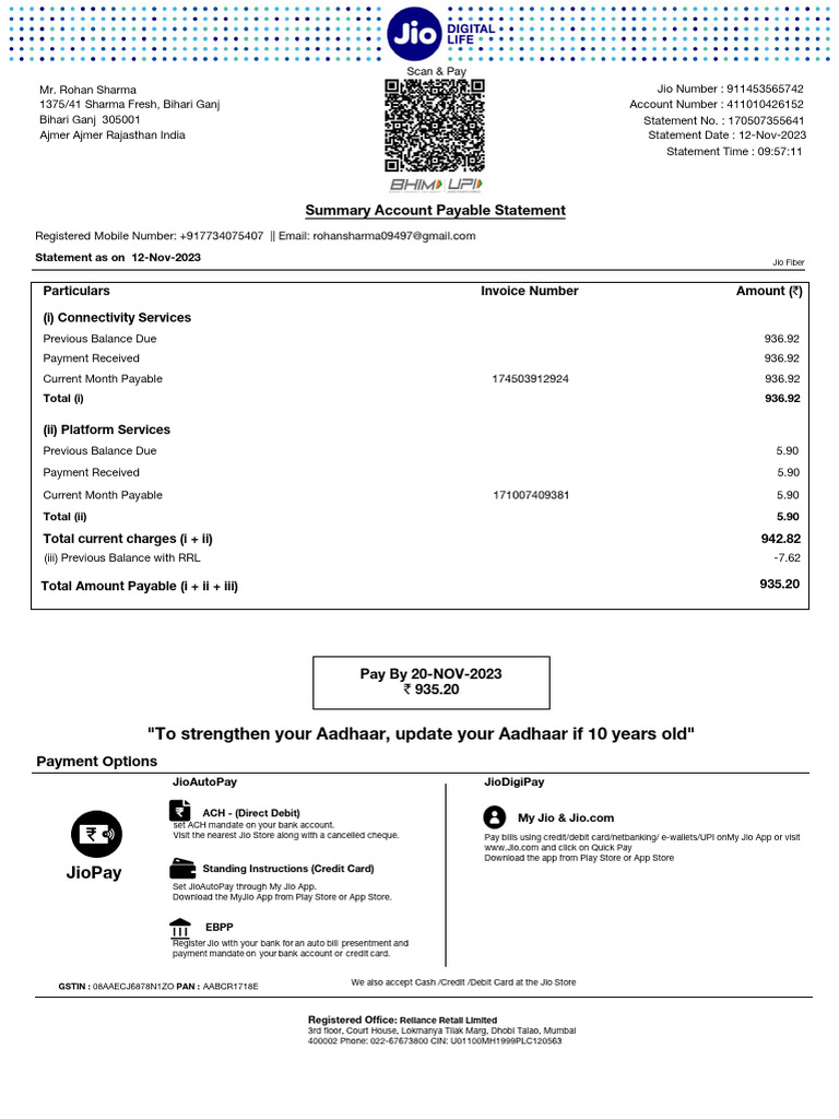 Jio October Bill | PDF | Payments | Credit Card