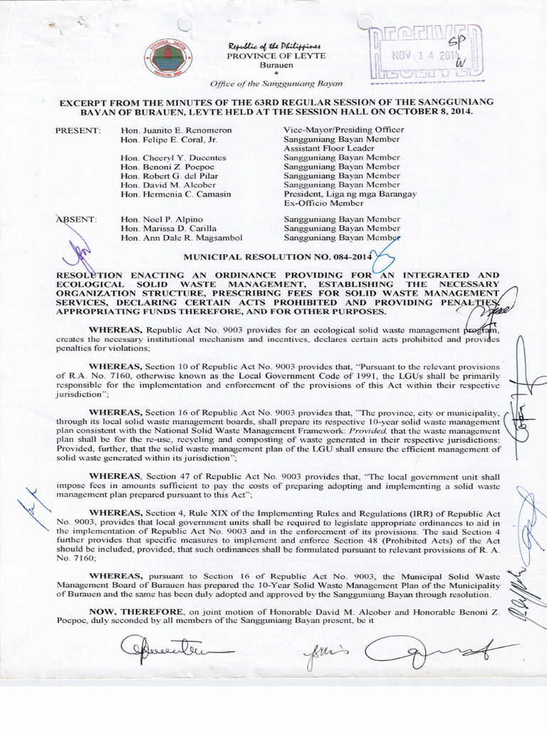 Municipal Ordinance No. 04-2014 (Ecological Solid Waste Management, Establishing The Necessary ...