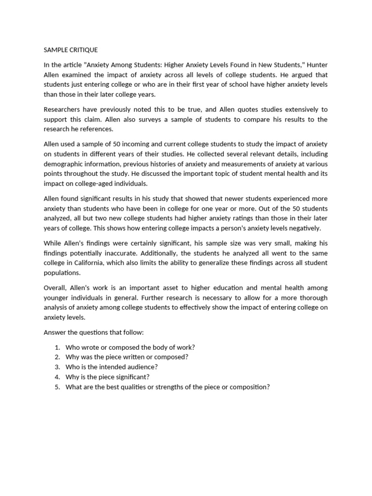 SAMPLE CRITIQUE Activity | PDF