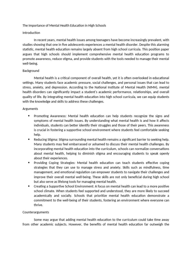 Sample Position Paper | PDF | Mental Health | Curriculum