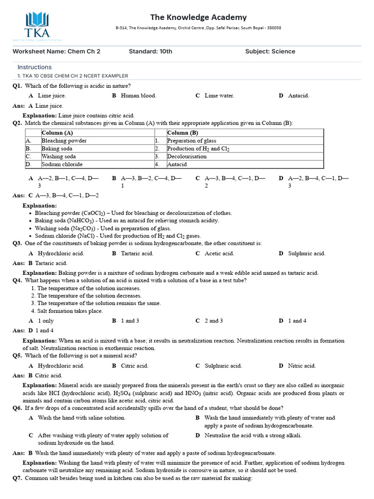 Answer Key of Tka 10 Cbse Chem CH 2 Ncert Exampler Worksheet | PDF ...
