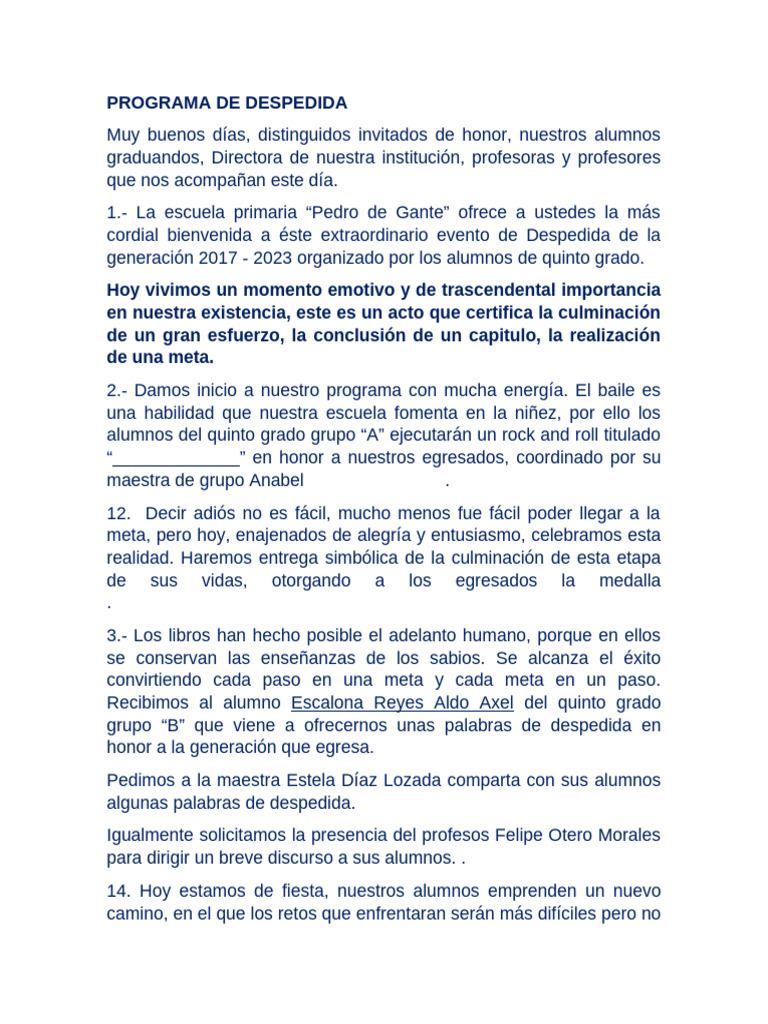 PROGRAMA DE DESPEDIDA 7 DE JULIO | PDF