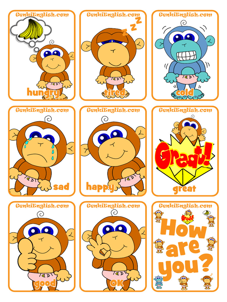 Emotions Monkey Activities Flashcards by GenkiEnglish | PDF