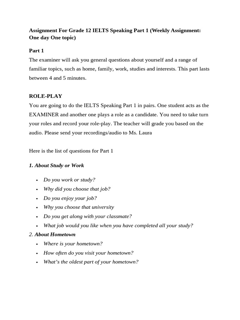 Weekly Assignment For Grade 12 IELTS Speaking Part 1 | PDF