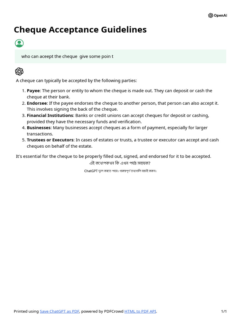 Who Can Accept a Cheque? Guidelines | PDF