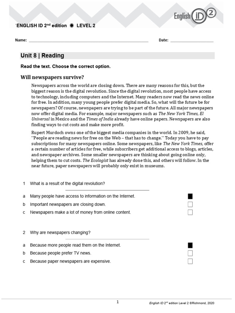 EngID2 2ndedition Unit8Teachers | PDF | Newspapers | English Language