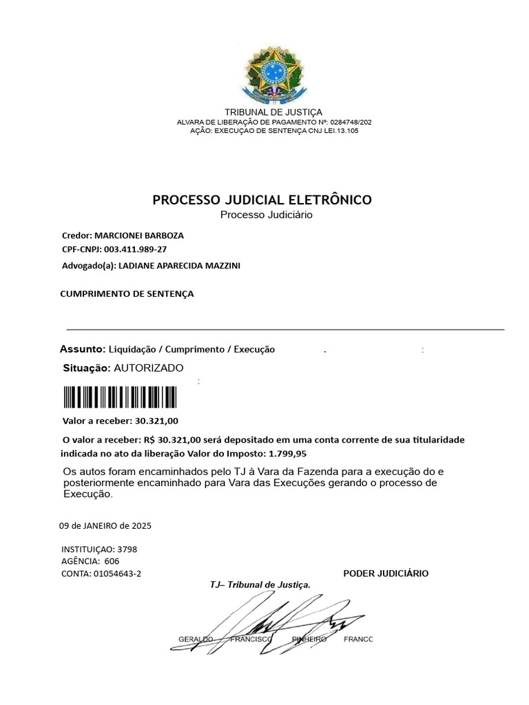 Alvará de Liberação de Pagamento nº 0284748/202 | PDF
