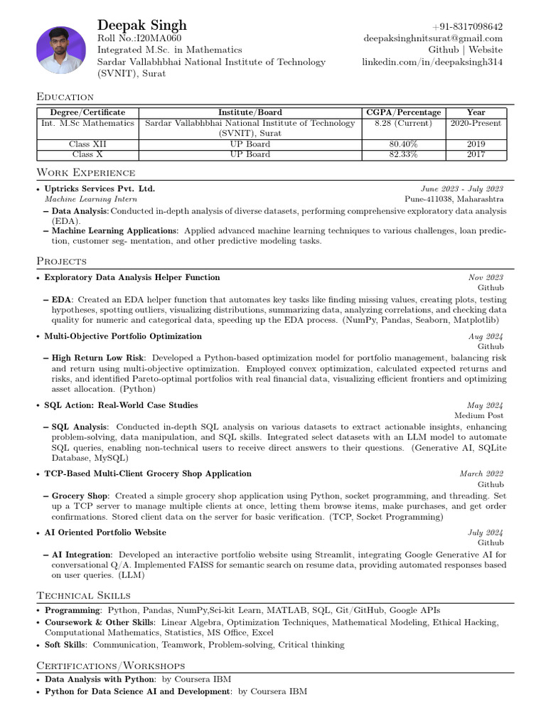 Deepak Singh Resume | PDF | Data Analysis | Machine Learning