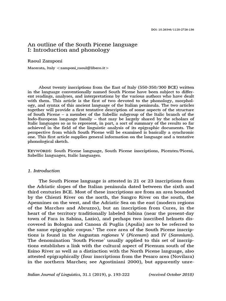 An Outline of The South Picene Language - Zamponi | PDF | Bracket ...