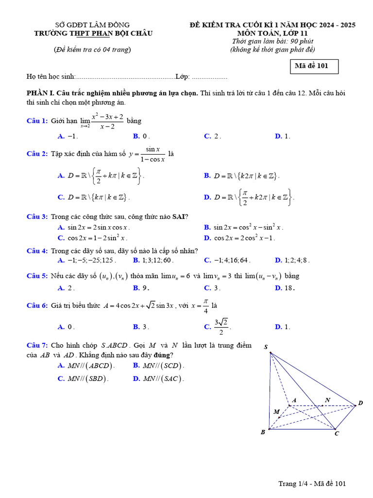 De Cuoi Ki 1 Toan 11 Nam 2024 2025 Truong THPT Phan Boi Chau Lam Dong | PDF