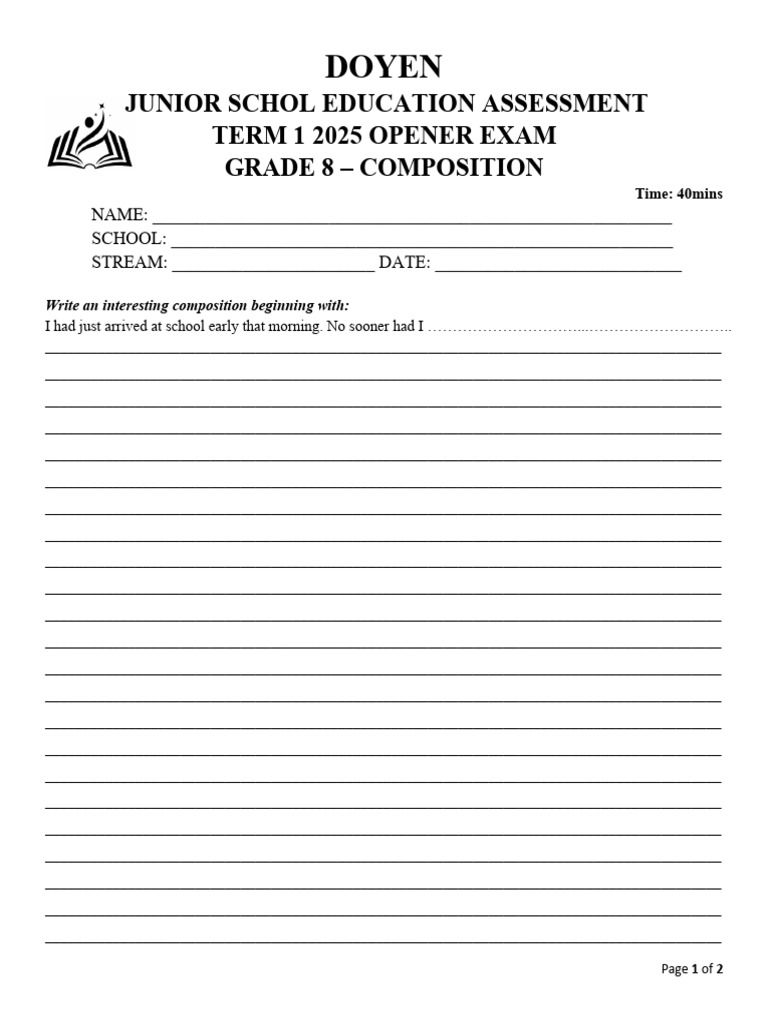 Grade 8 English Composition Term 1 2025 Opener Exam | PDF