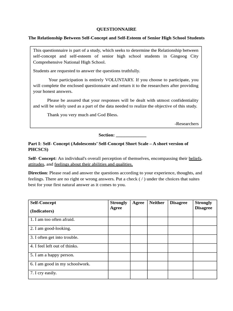 Questionnaire | PDF | Self Esteem | Self Concept