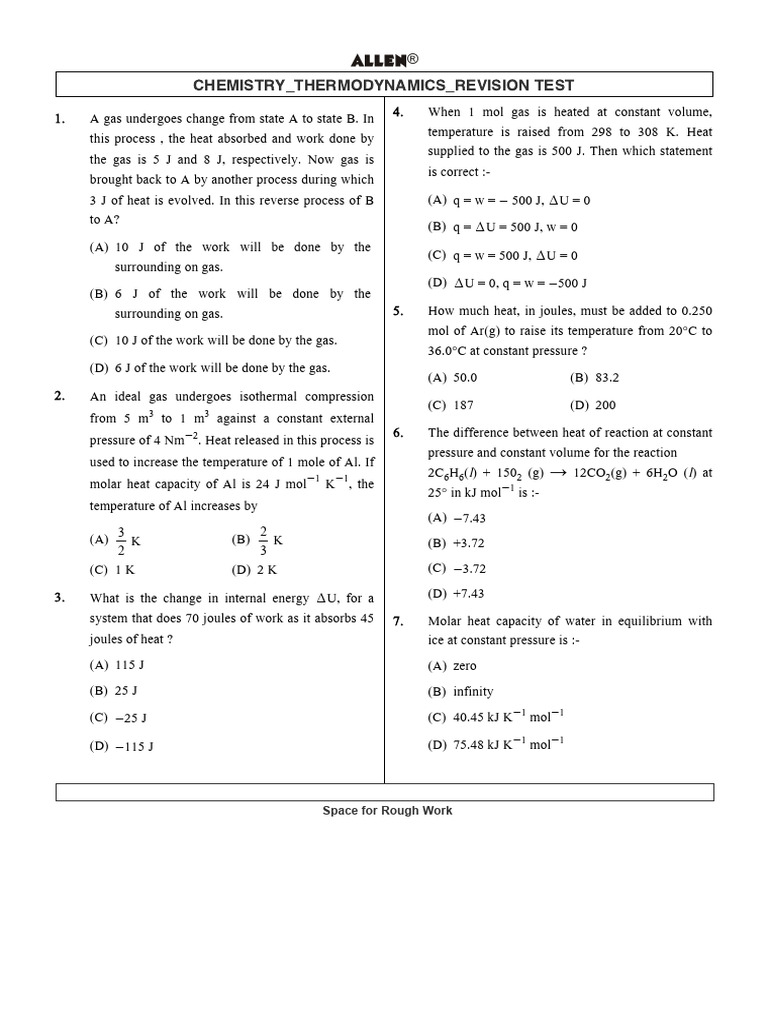 Chemistry Thermodynamics Revision Test | PDF | Gases | Thermodynamics