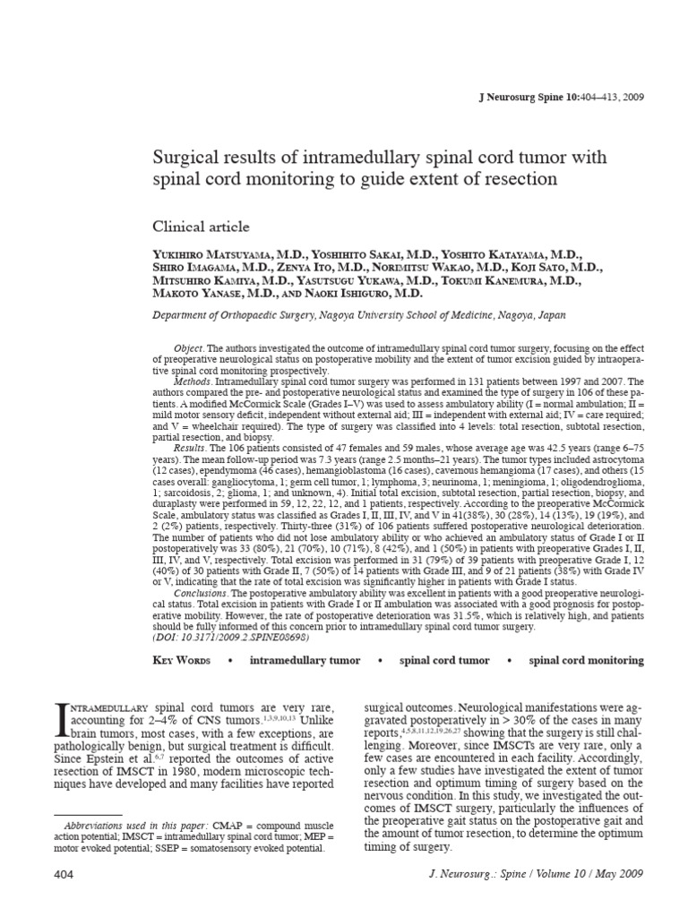 Surgical Results of Intramedullary Spinal Cord Tumor With Spinal Cord Monitoring To Guide Extent ...