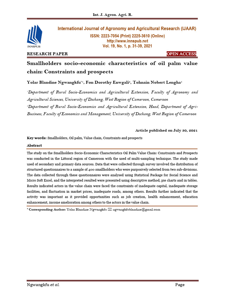 Smallholders Socio-Economic Characteristics of Oil Palm Value Chain ...