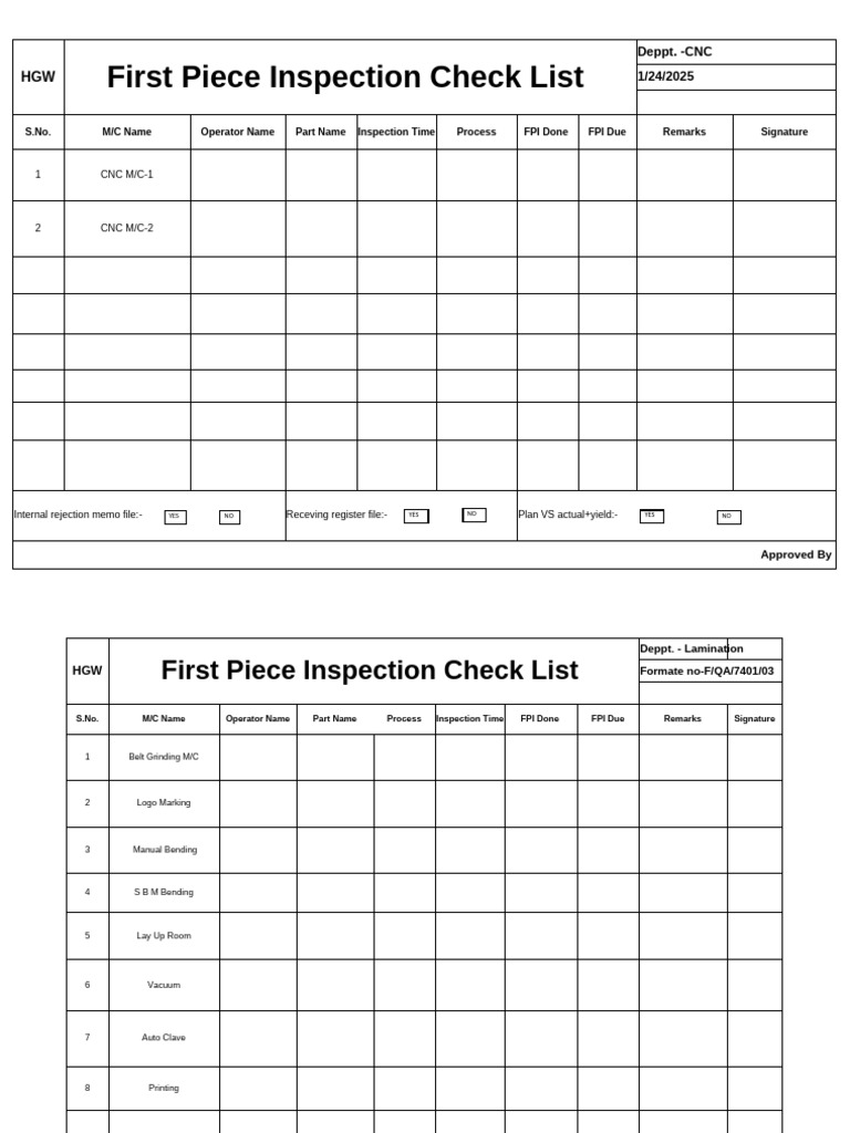 First Piece Inspection Check List | PDF | Secondary Sector Of The ...