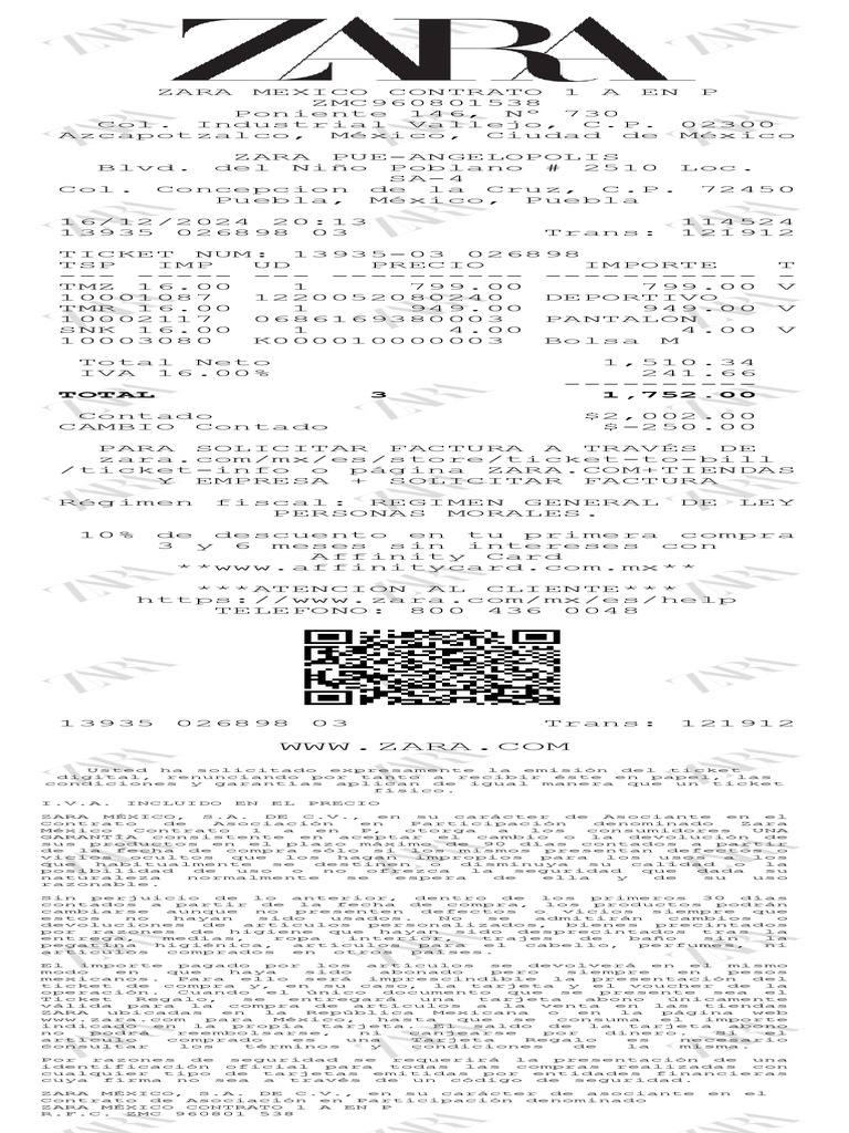 ZARA PUE-ANGELOPOLIS Ticket de Compra | PDF