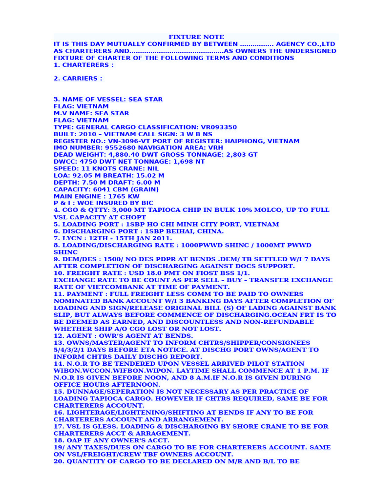 Charter Agreement for Sea Star Vessel | PDF | Cargo | Tonnage