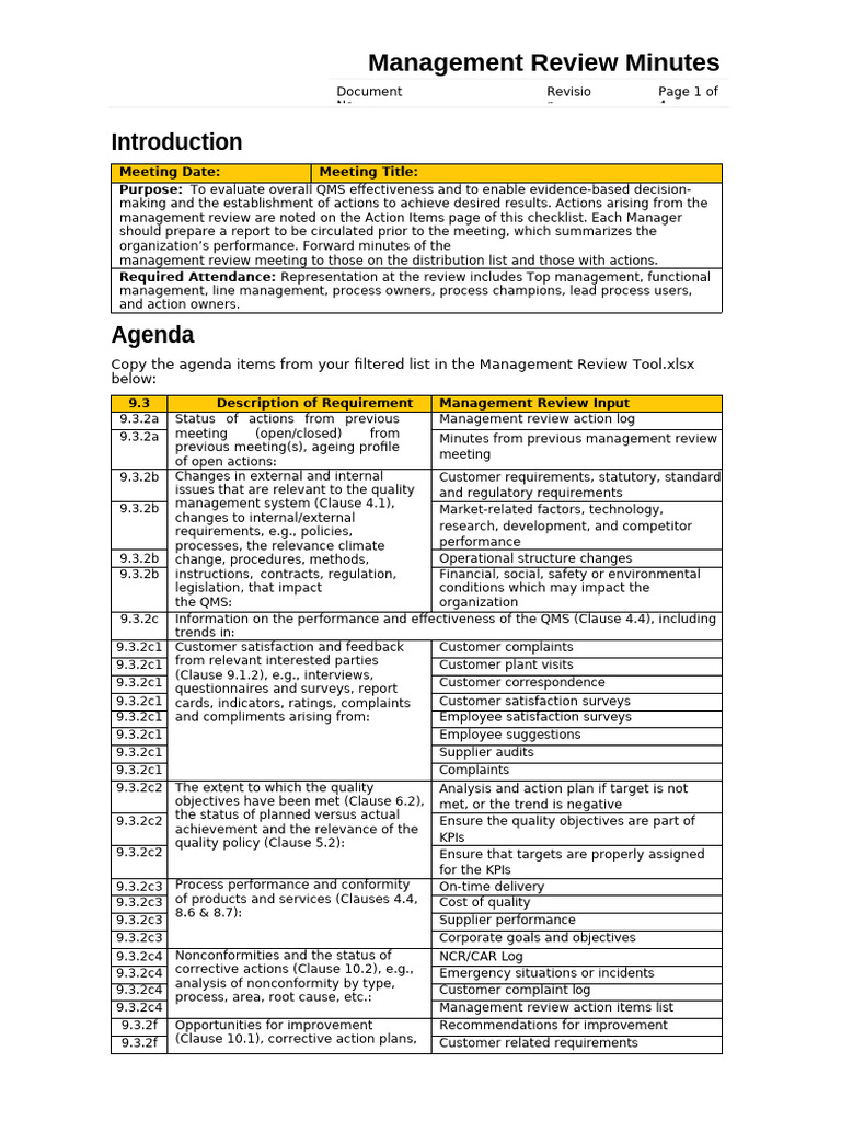 management-review-agenda-&-minutes-sample | PDF | Quality Management ...