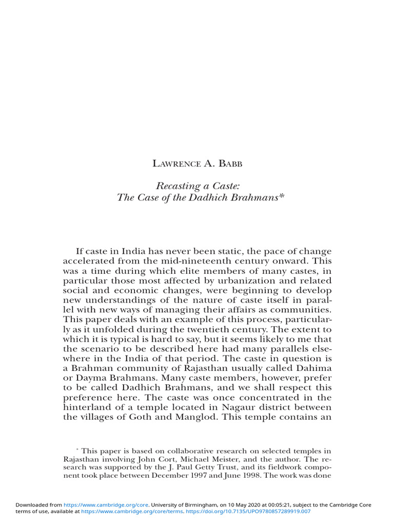 Recasting A Caste The Case of The Dadhich Brahmans | PDF | Puranas | Devi