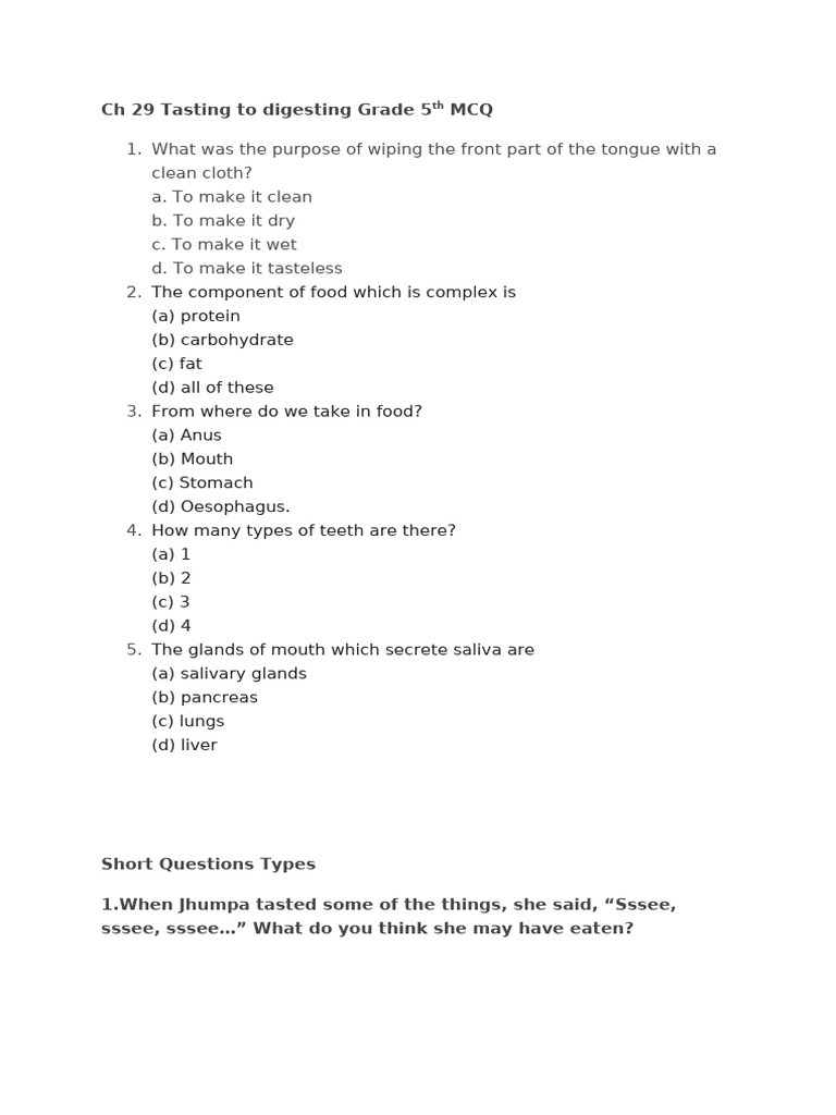 Ch 28 Tasting to digesting Grade 5th MCQ | PDF