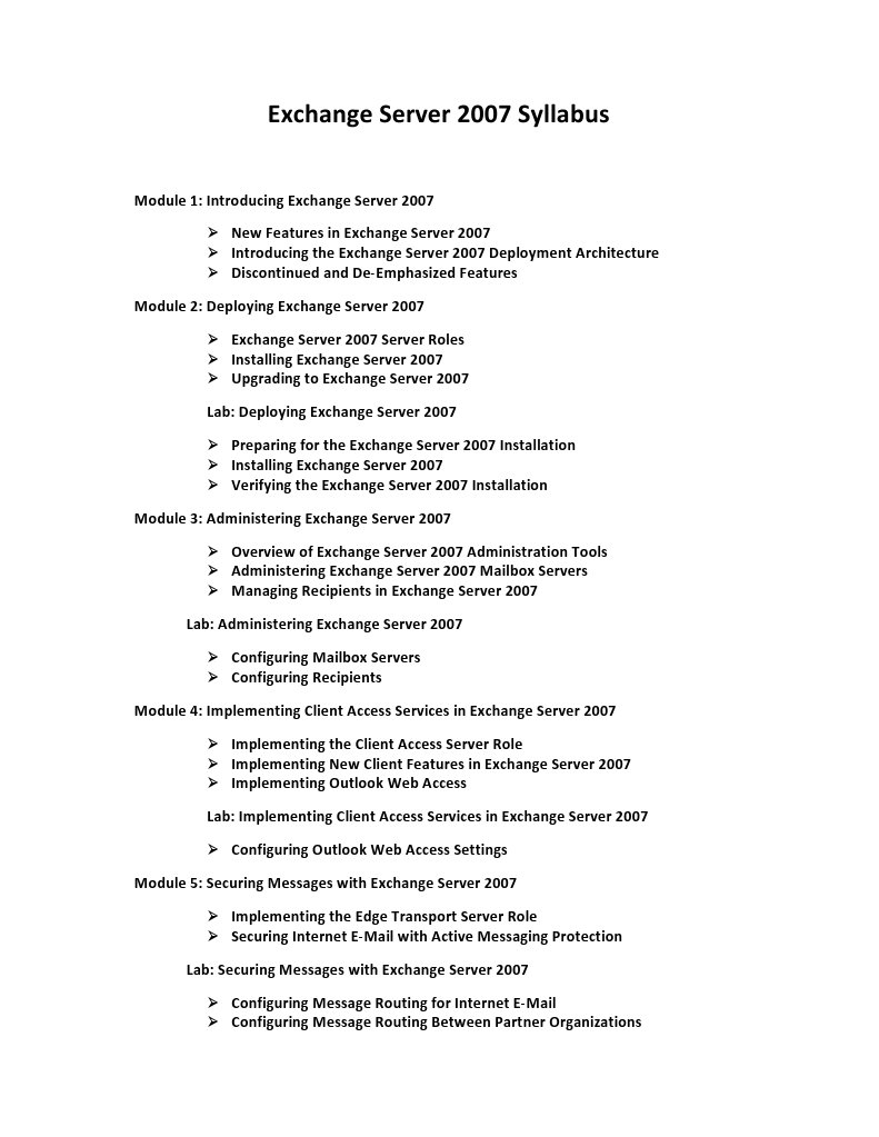 Exchange Server 2007 Training Syllabus | PDF | Computers