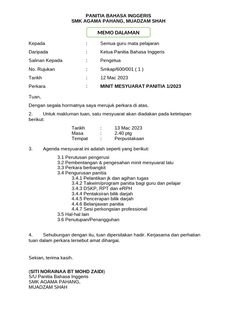 Memo & Minit Mesyuarat Bi 1 2022 | PDF