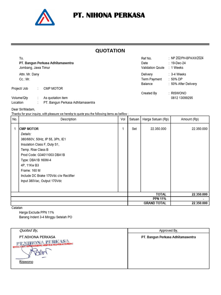 202 QUO CMP Motor DBA1B 160M-4_PT. Bangun Perkasa | PDF | Electrical Engineering | Electricity