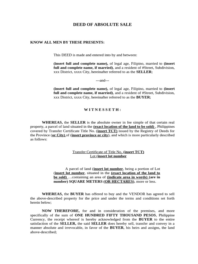 Deed of Absolute Sale Template | PDF | Private Law | Property Law