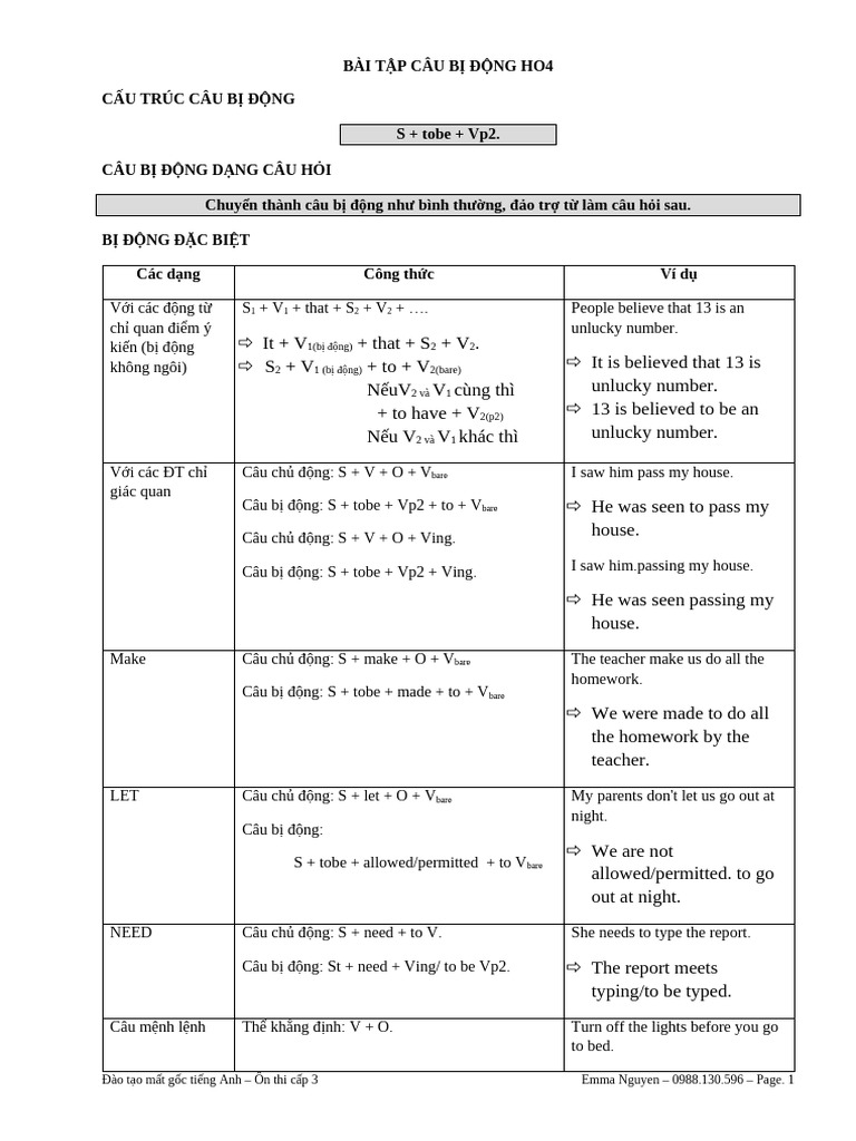 BÀI TẬP CÂU BỊ ĐỘNG HO4 | PDF