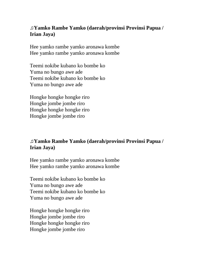 Lagu Daerah Papua: Yamko Rambe Yamko | PDF