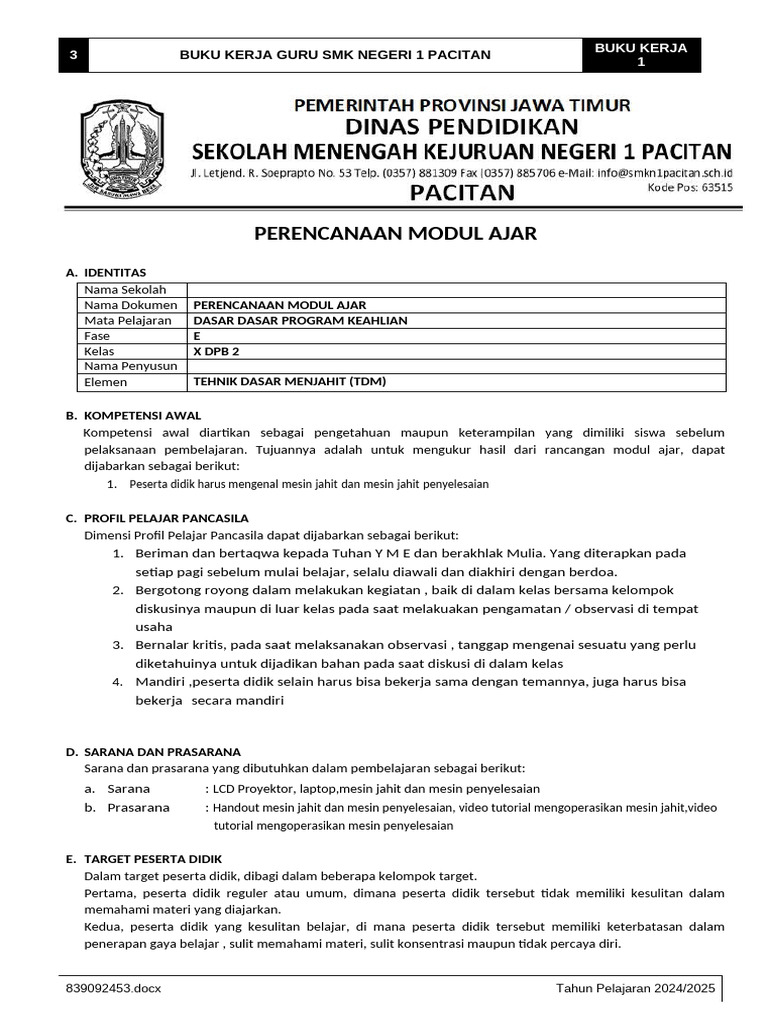 Perencanaan Modul Ajar (TEHNIK DASAR MENJAHIT (TDM) ) | PDF