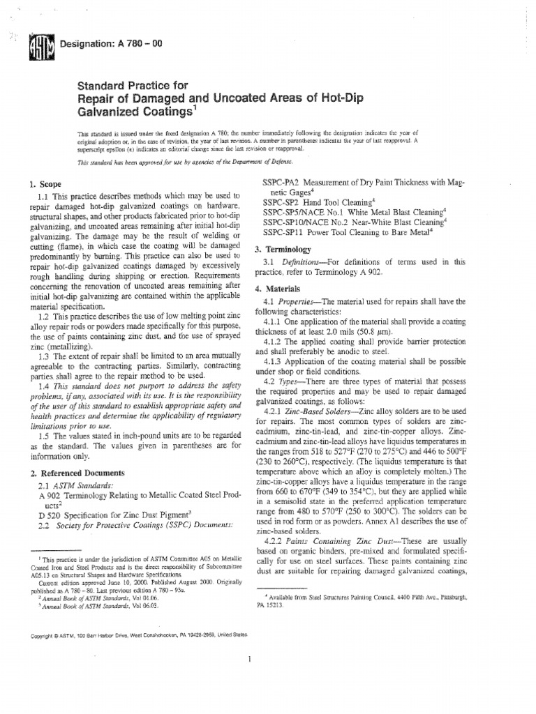 Astm-A-780-00 Repair of Damaged Galvanized Steel | PDF
