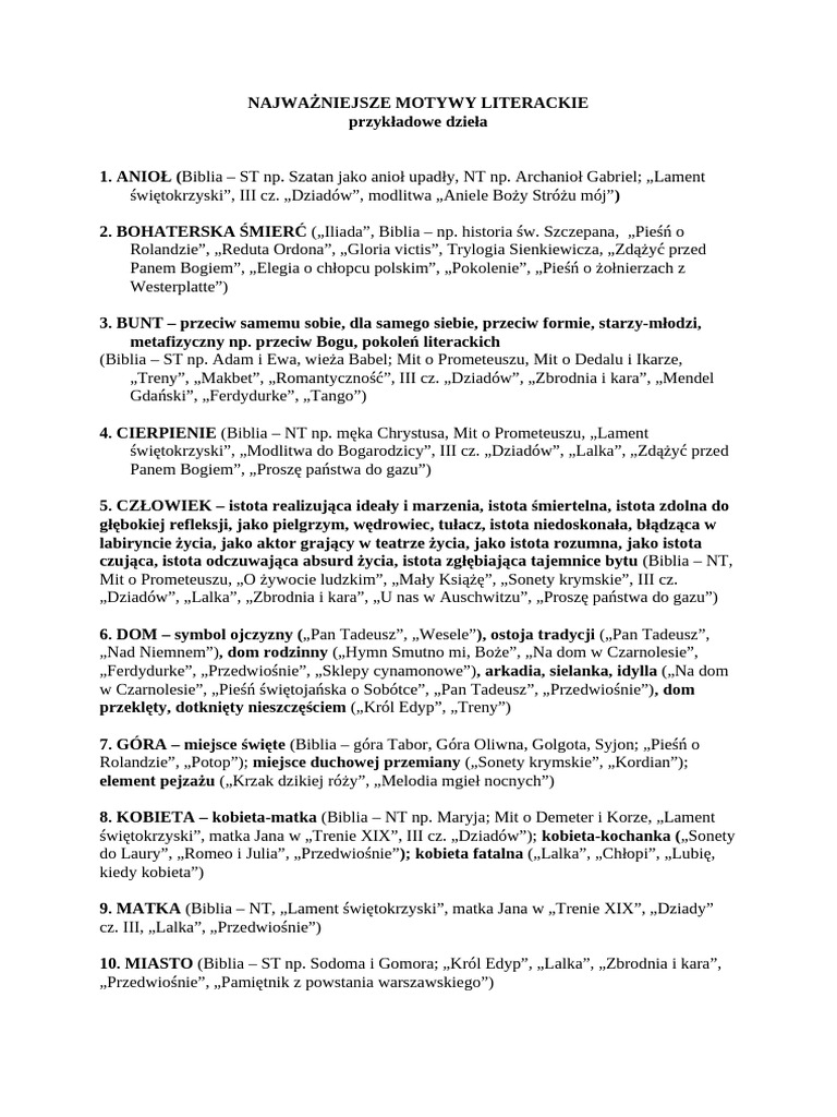 Najważniejsze Motywy Literackie 1 | PDF