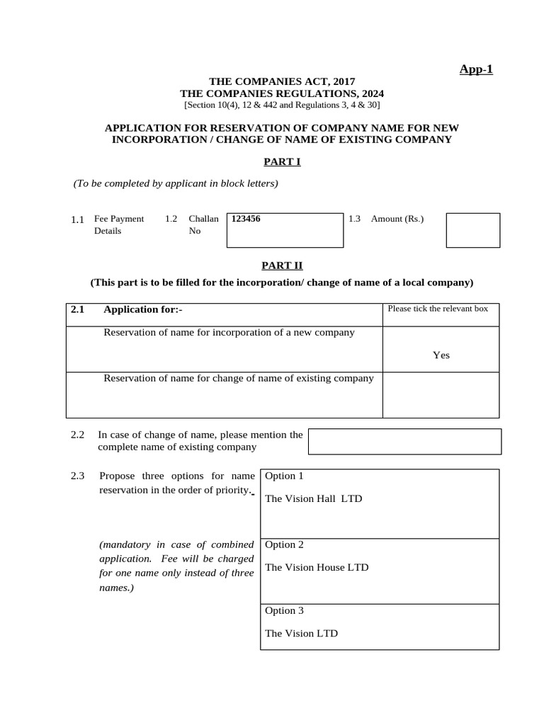 App 1 APPLICATION FOR RESERVATION OF COMPANY NAME FOR NEW INCORPORATION ...