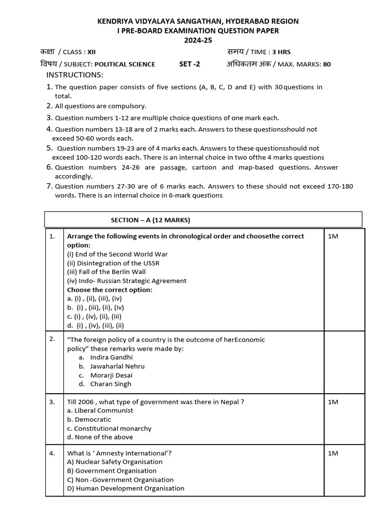 12 POL SCI QP-2 PRE BOARD 1 Set 2 | PDF | Strike Action | Jawaharlal Nehru
