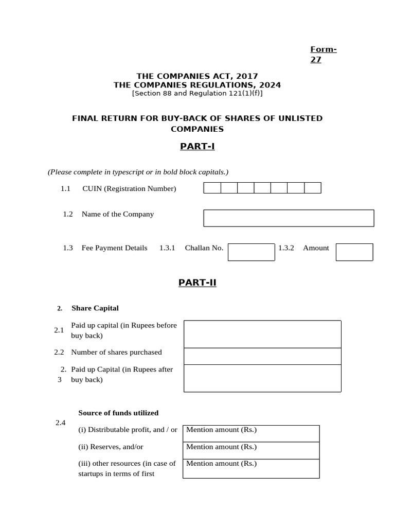Form 27 FINAL RETURN FOR BUY BACK OF SHARES OF UNLISTED COMPANIES | PDF ...
