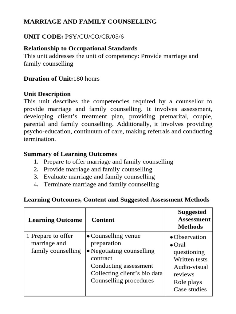 Marriage and Family Counselling Unit Guide | PDF | Evaluation | Learning