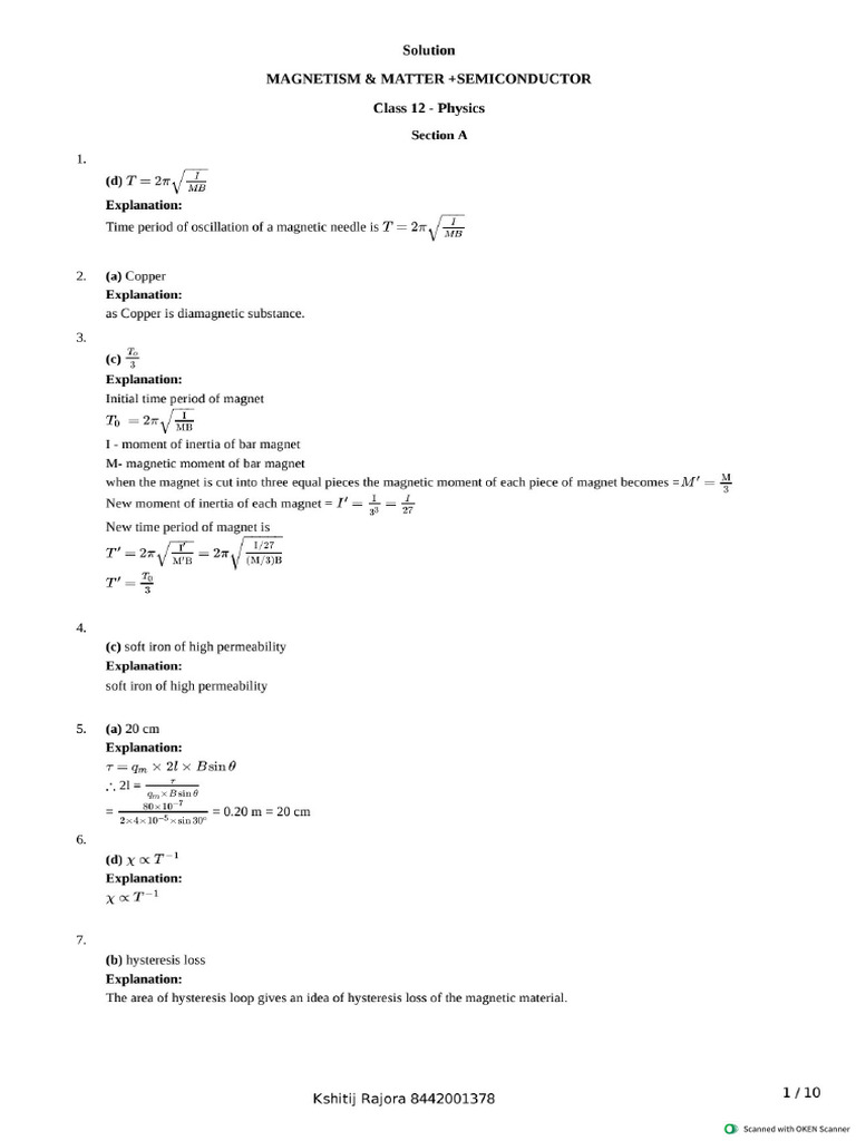 Solution Magnetism & Matter + Semiconductor | PDF