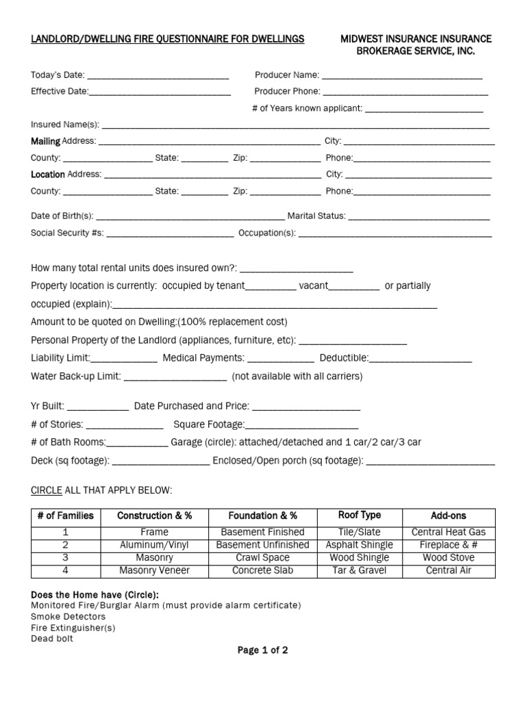 MIBS Landlord Dwellings Quote Form | PDF | Basement | Building Engineering