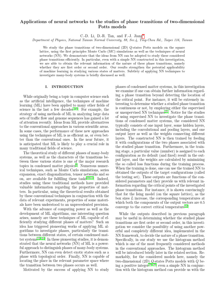 Applications of Neural Networks To The Studies of Phase Transitions of Two-Dimensional Potts ...
