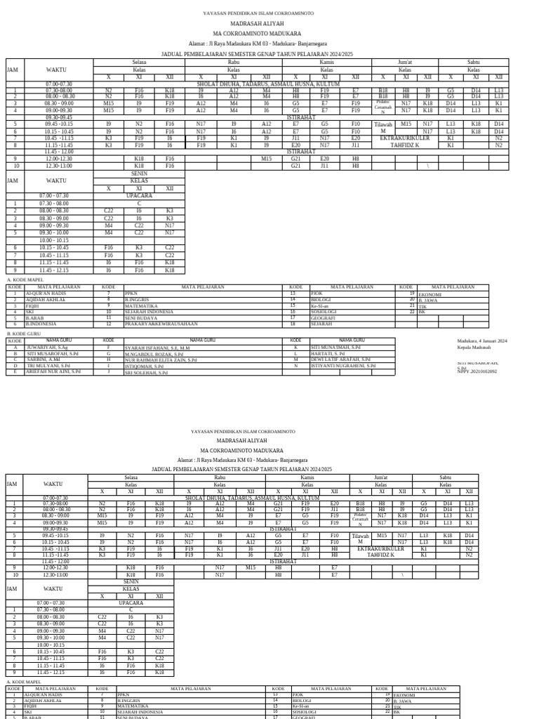Jadwal Pelajaran Semester Genap TP 2024-2025 | PDF