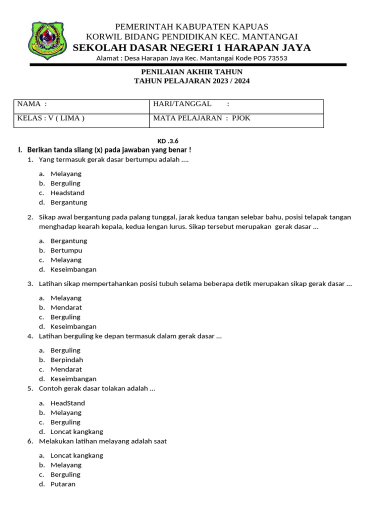 Soal PAT PJOK Kelas 5 K13 SDN 1 HARAPAN JAYA | PDF