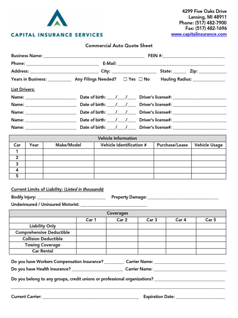 Commercial Auto Quote Sheet | PDF | Financial Risk | Vehicle Insurance